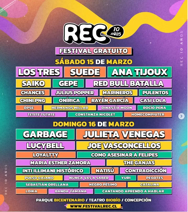 Revelan cartel por día de REC 2025: ¿Qué día se presentan Los Tres, Garbage y Suede? — Rock&Pop